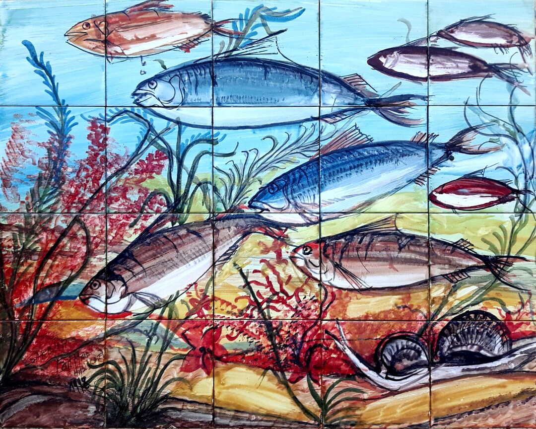 30inx24in One of a Kind, Aquarium Fish Handpainted Decorative Mosaic ...