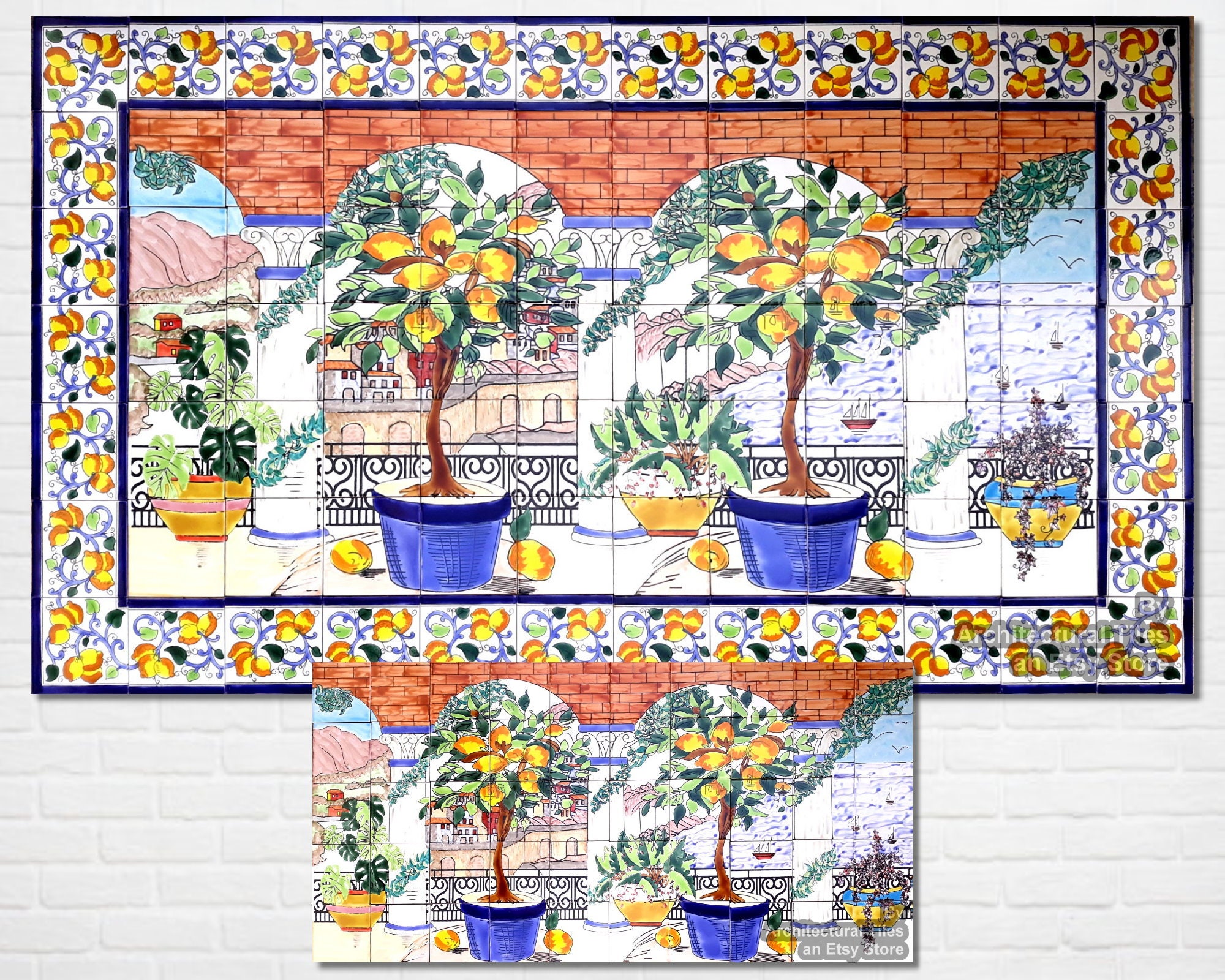 Architectural Tiles, Hand Painted Lemon Garden Decorative Mosaic Wall ...