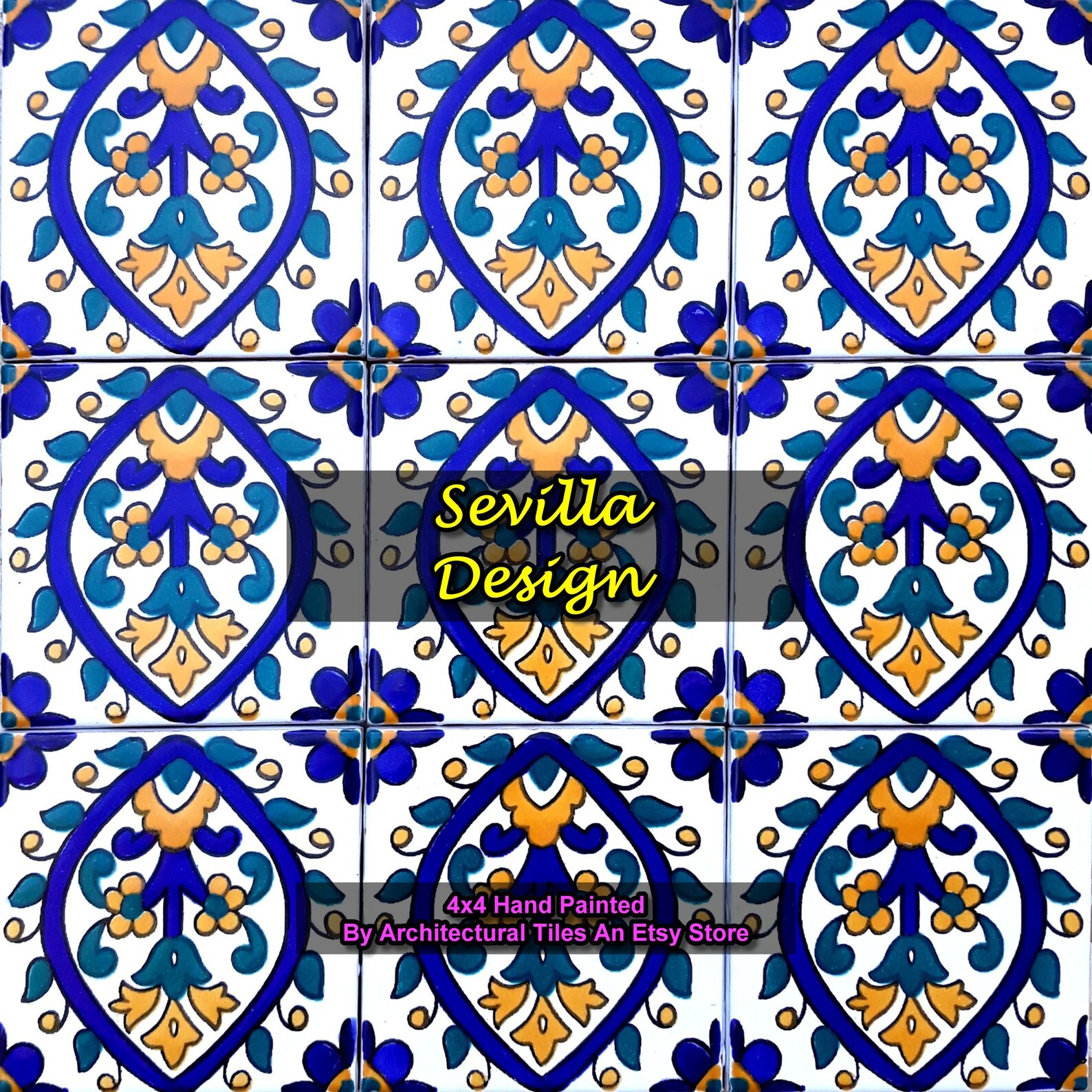 Spanish Design, Sevilla Motif 4inx4in Architectural Wall Ceramic Tiles ...