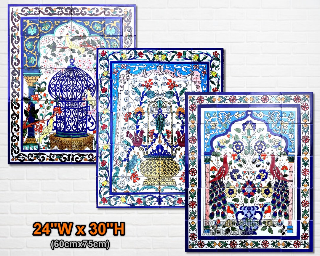 Hand Painted Turkish Tile Mural: Oriental Garden Backsplash (24"x30 ...
