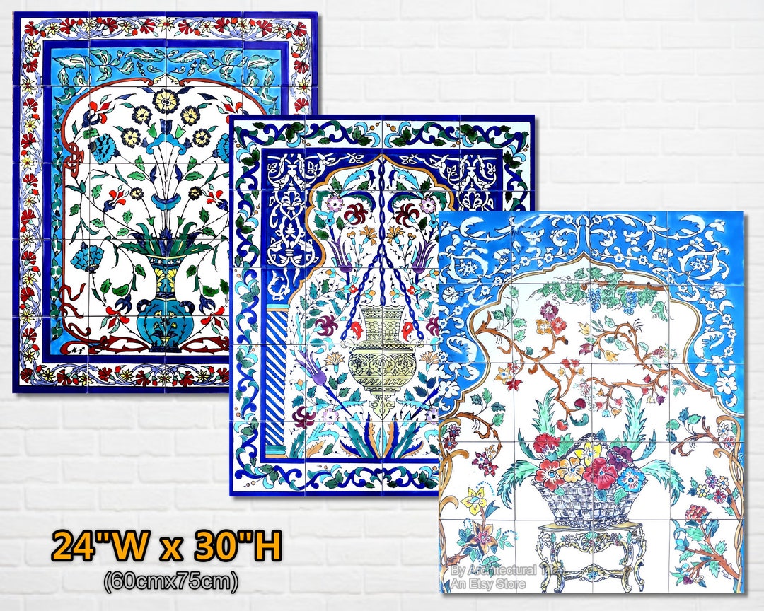 Hand Painted Turkish Tile Mural: Oriental Garden Backsplash (24"x30 ...