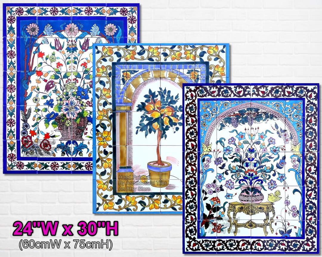 Hand Painted Turkish Tile Mural: Oriental Garden Backsplash (24"x30 ...