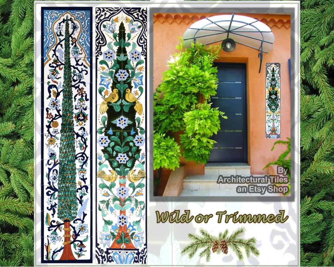 Architectural Tiles, 12x60 Pine Tree Hand Painted Decorative Mosaic ...