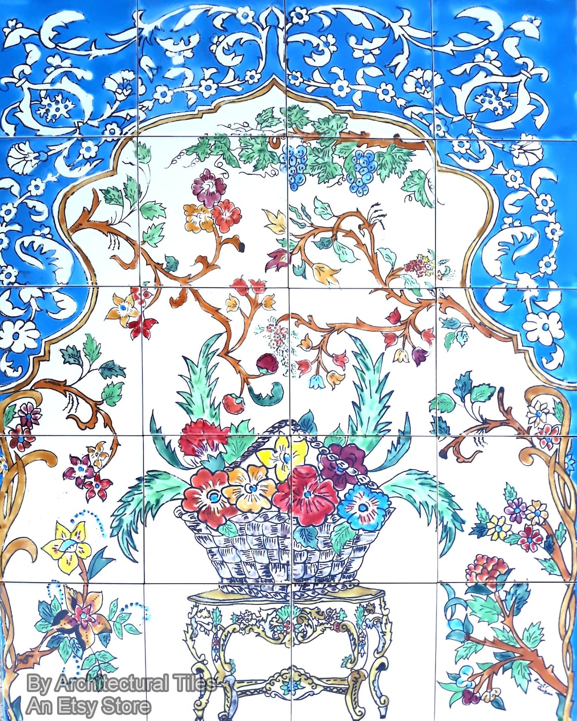 Hand Painted Turkish Tile Mural: Oriental Garden Backsplash (24"x30 ...
