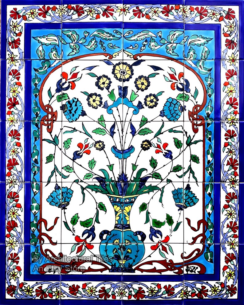 Hand Painted Turkish Tile Mural: Oriental Garden Backsplash (24"x30 ...