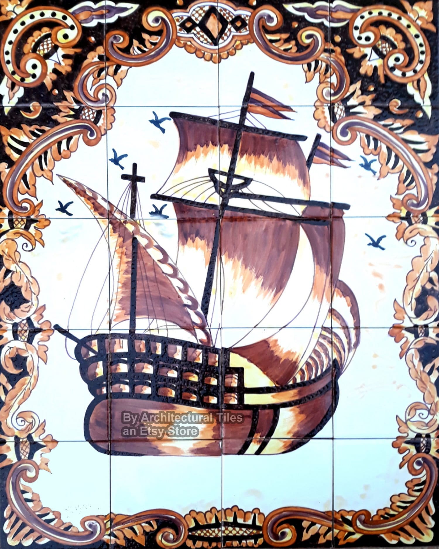 Architectural Tiles, Sailing Ship Handpainted Decorative Mosaic Wall ...
