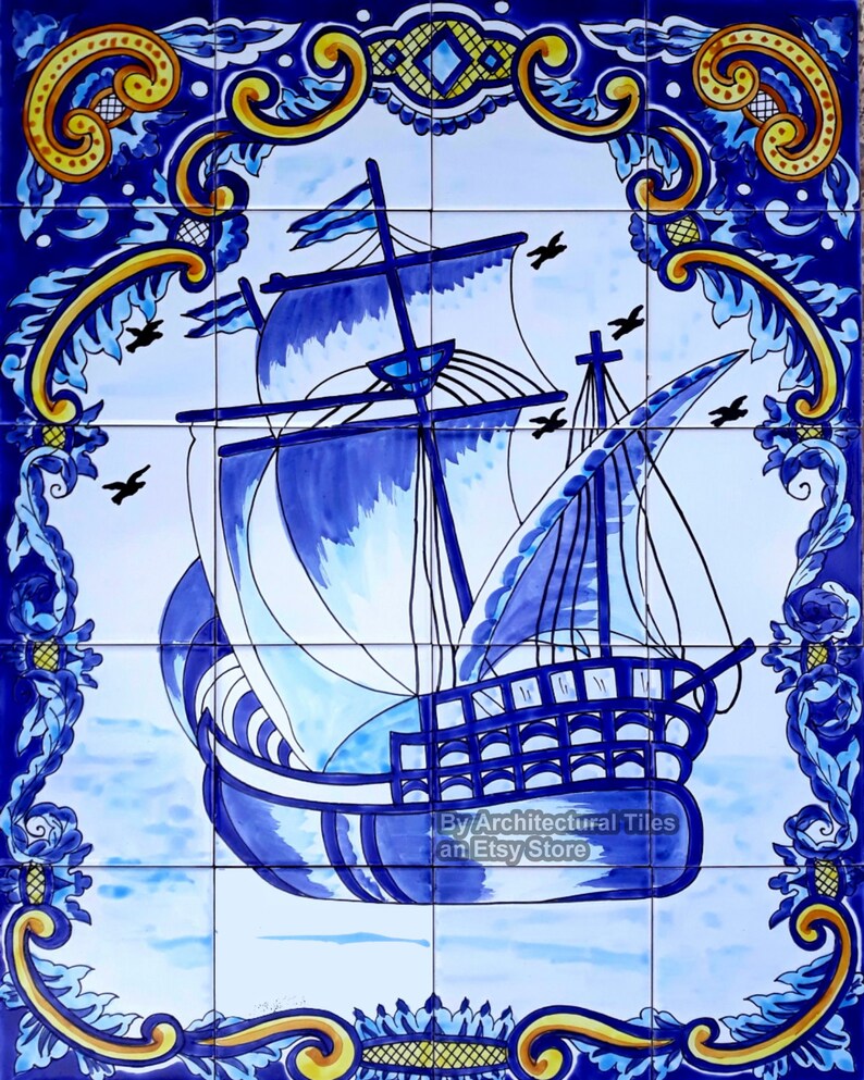 Architectural Tiles, Sailing Ship Handpainted Decorative Mosaic Wall ...