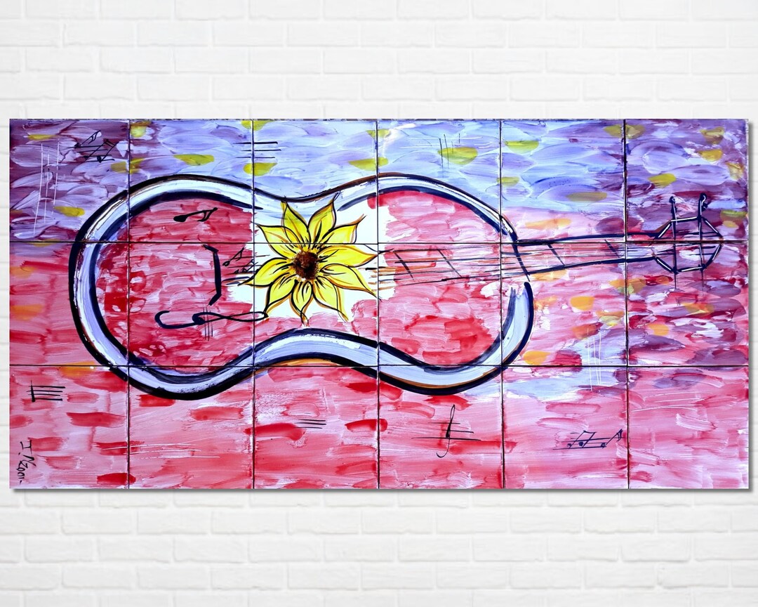 Hand Painted Guitar Mosaic Mural: Ceramic Tile Backsplash (36inx18in ...