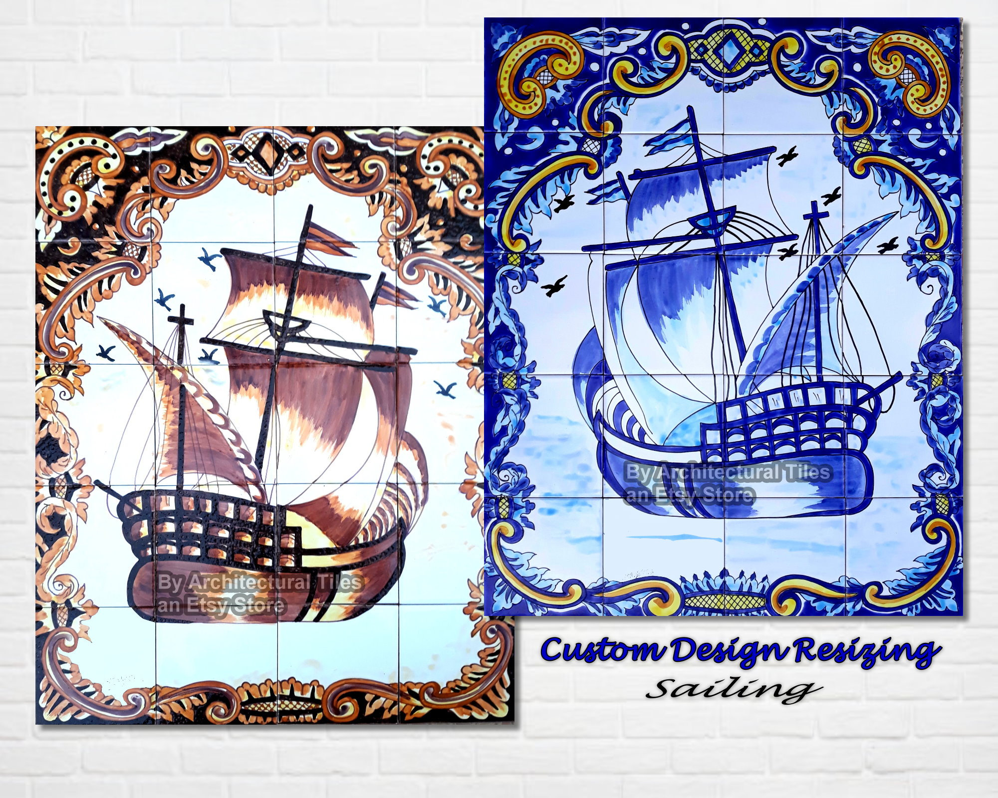 Architectural Tiles, Sailing Ship Handpainted Decorative Mosaic Wall ...