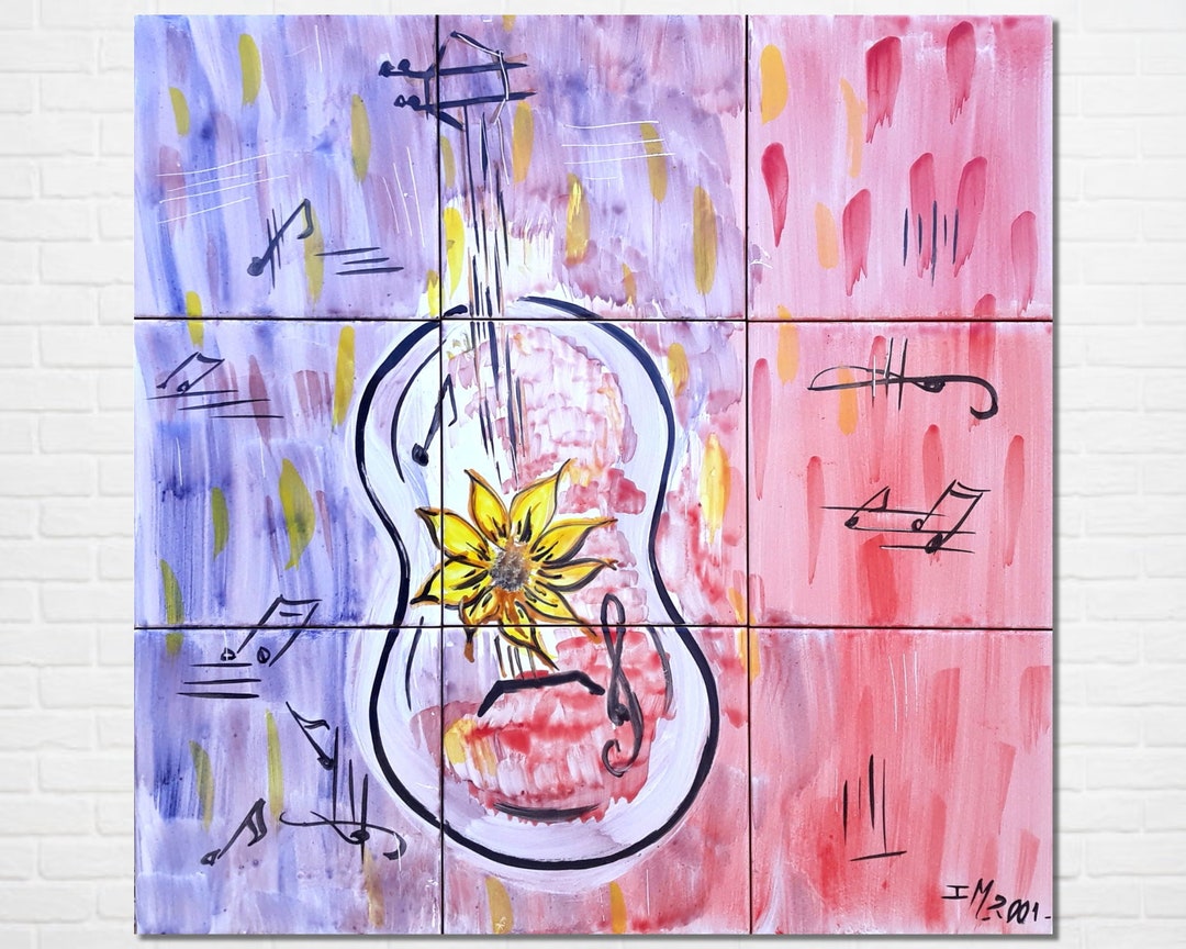 Hand Painted Guitar Ceramic Tile Mural: Musical Backsplash (18inx18in ...