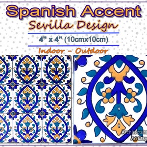 Spanish Design, Sevilla Motif 4inx4in Architectural Wall Ceramic Tiles ...