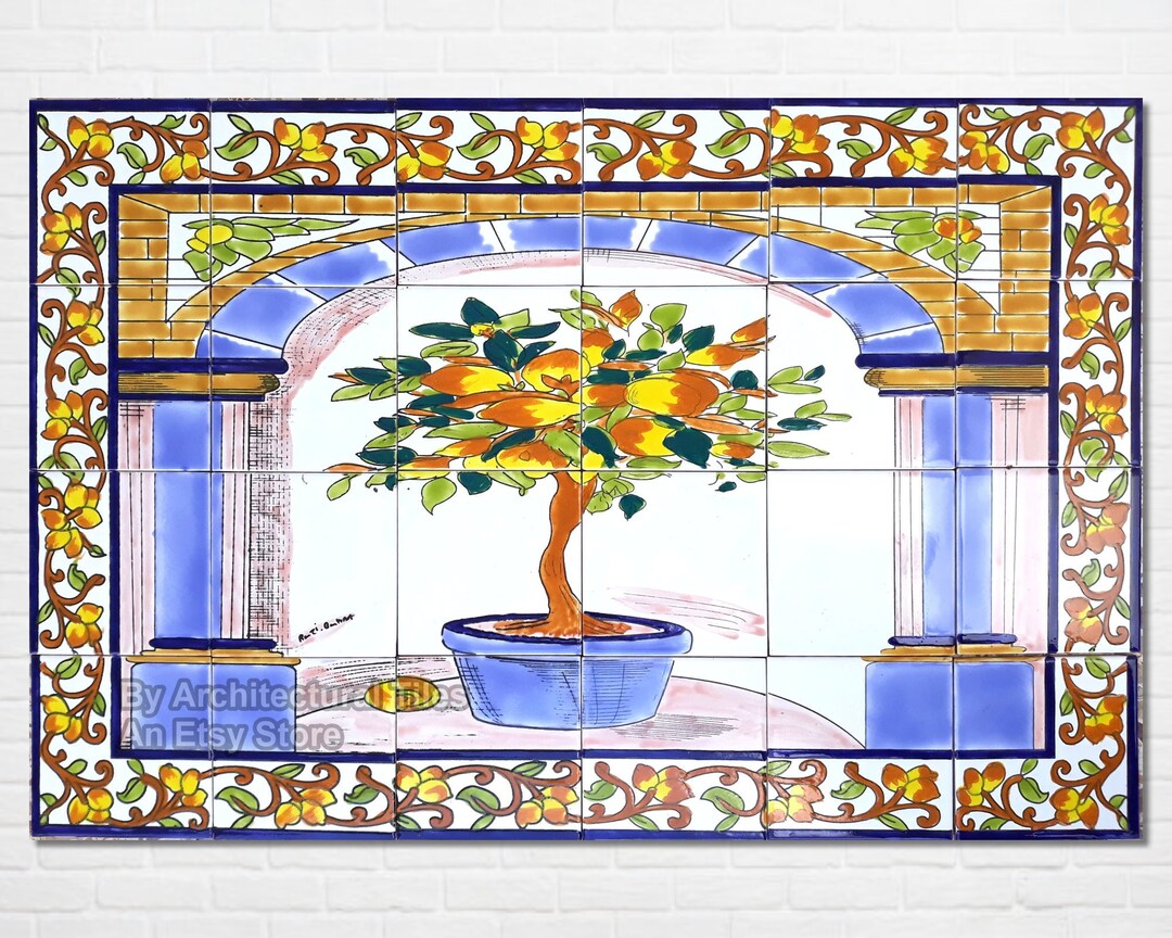 Architectural Tiles, 36"x24" Hand Painted Lemon Tree Decorative Mosaic ...