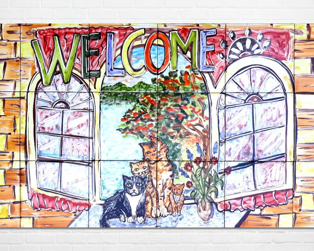 Hand-painted Ceramic Tile Mural: Welcome Sign With Cats (36inx18in) - Etsy