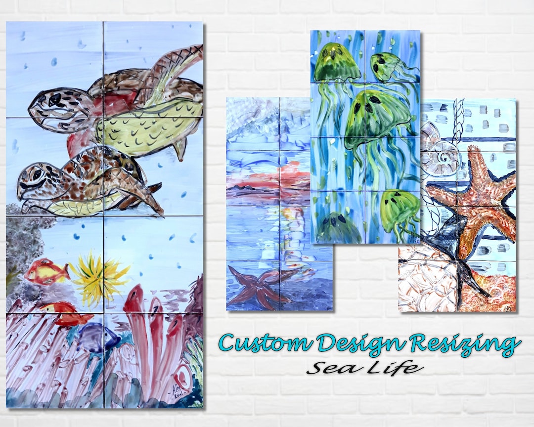 Hand Painted Sea Life Ceramic Tile Mural: Custom Backsplash Art - Etsy