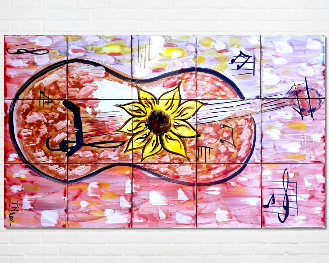 Hand Painted Guitar Mosaic Mural: Ceramic Tile Backsplash (30inx18in ...