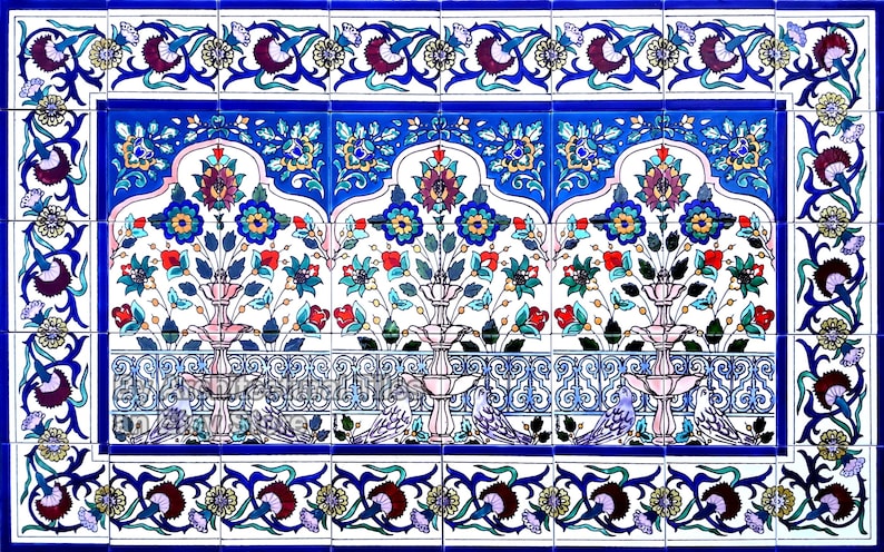 Architectural Tiles, Arabesque Handpainted Birds Decorative Mosaic Wall ...