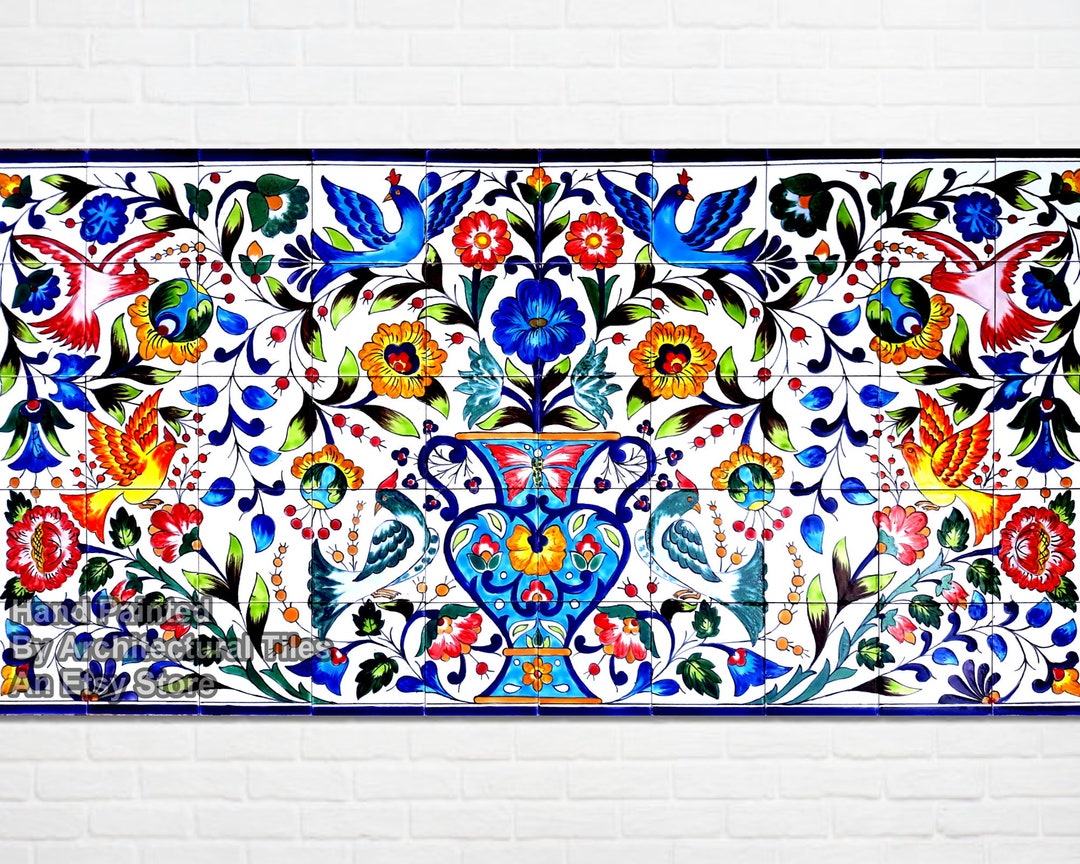 60inx30in, Hand Painted Ceramic Tiles Floral Garden Decorative Mosaic ...