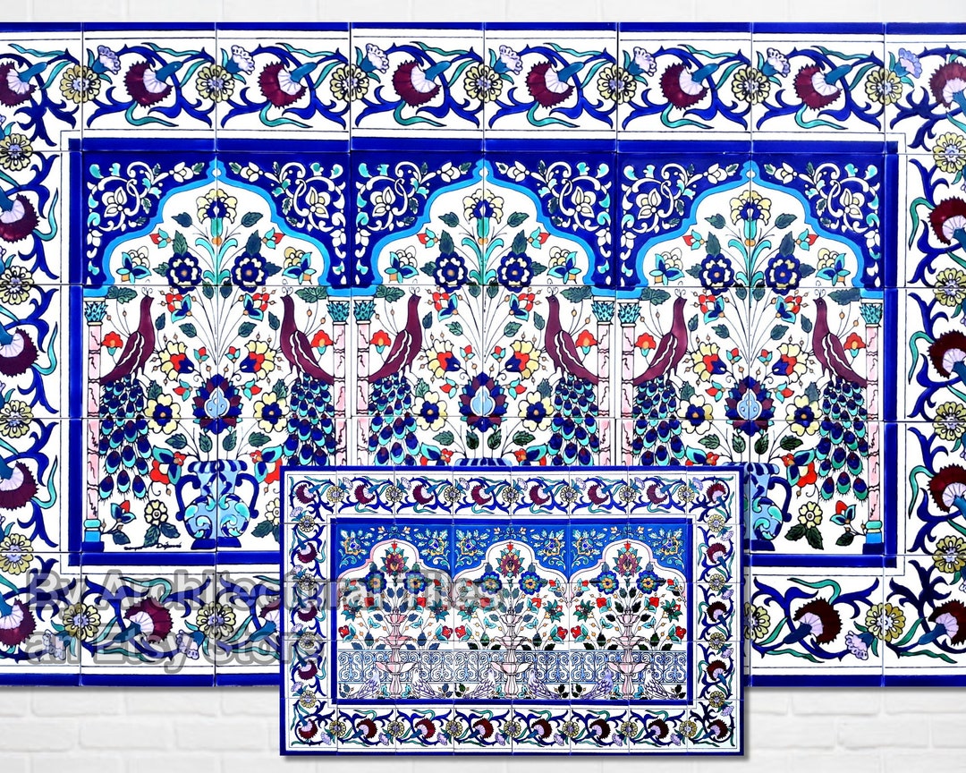 Architectural Tiles, Arabesque Handpainted Birds Decorative Mosaic Wall ...