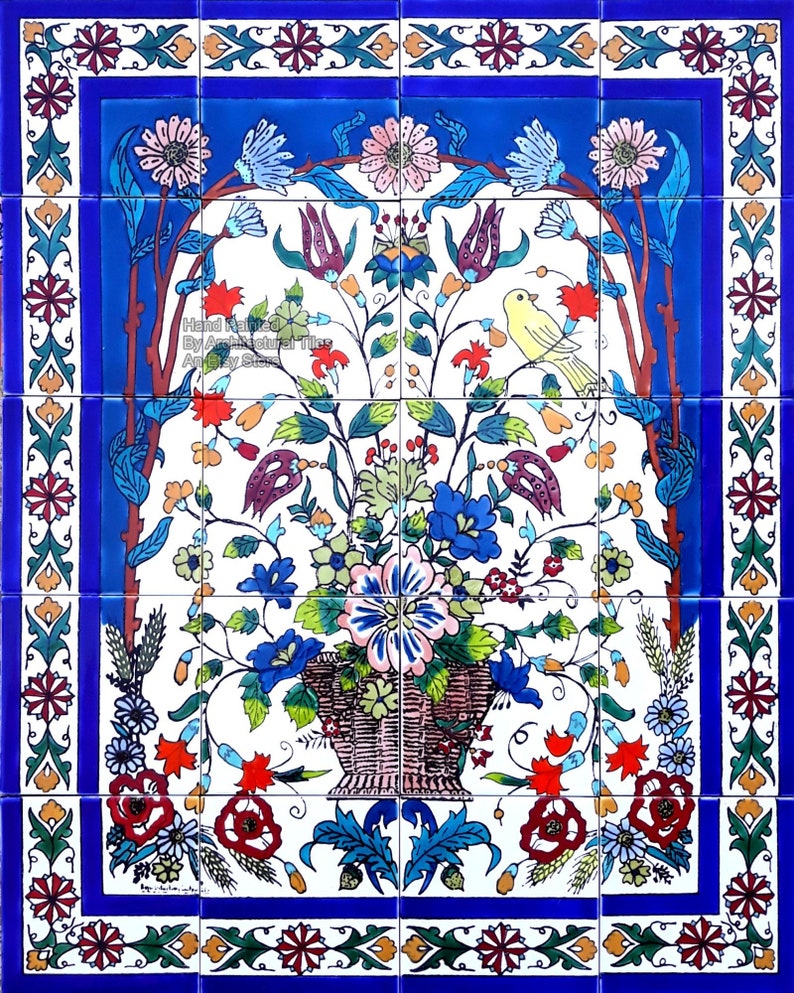 Hand Painted Turkish Tile Mural: Oriental Garden Backsplash (24"x30 ...