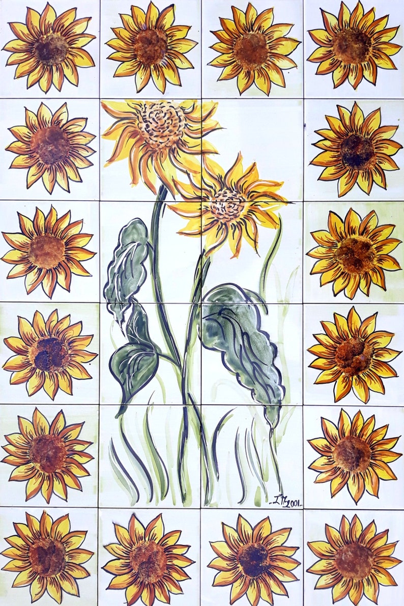 Hand-painted Sunflower Tile Mural: Custom Ceramic Kitchen Backsplash - Etsy