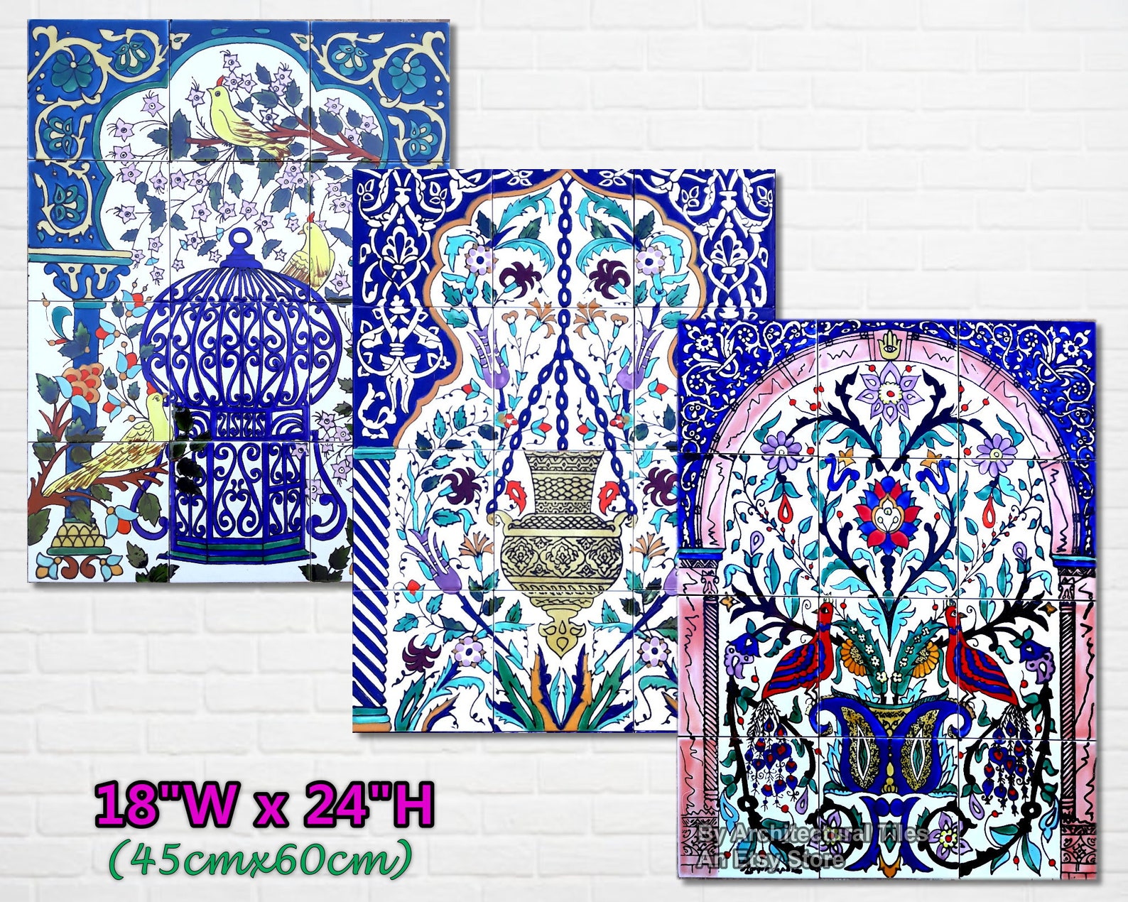 Architectural Tiles, Hand Painted Decorative Mosaic Wall Backsplash Murals 12pcs - Etsy
