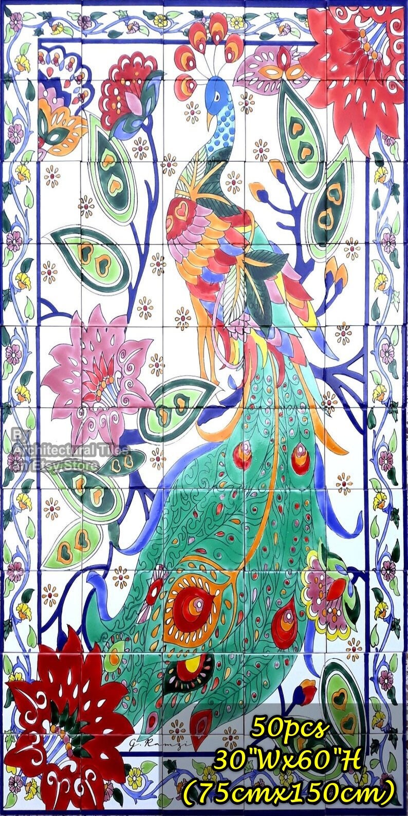 Large Wall Murals : 30inx60in Hand Painted Arabesque Design Decorative ...