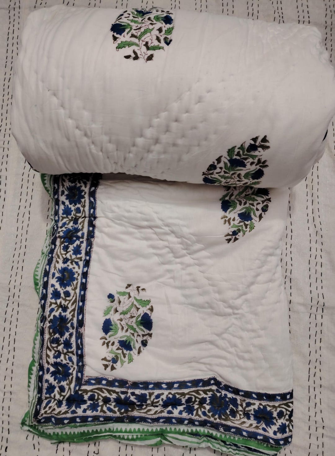 Handmade Floral Block Print Cotton Quilt: Queen Size Razai Blanket - Etsy