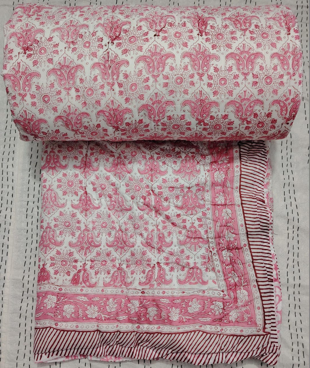 Hand Block Print Cotton Quilt: Reversible Floral Bedspread - Etsy