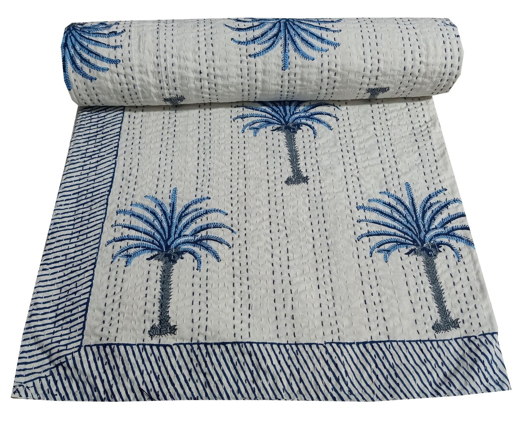Palm Tree Kantha Quilt: Hand-stitched Cotton Bedspread (108'' X 90 ...