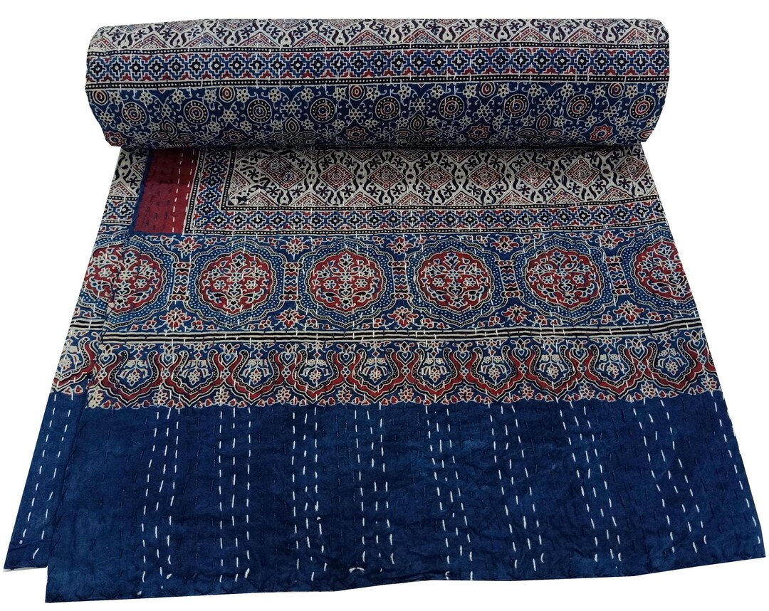 Handmade Indian Kantha Quilt: Cotton Ajrak Hand Block Print King Bedspread - Etsy