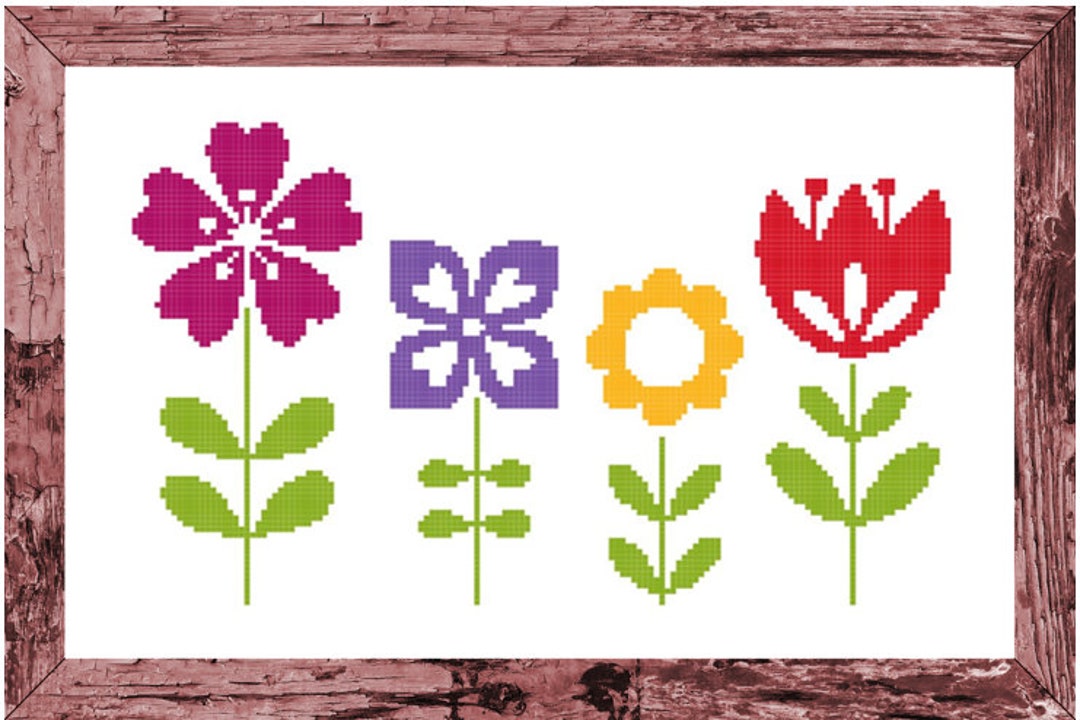 Four Colourful Flowers Counted Cross-stitch Pattern, Bright Colourful ...