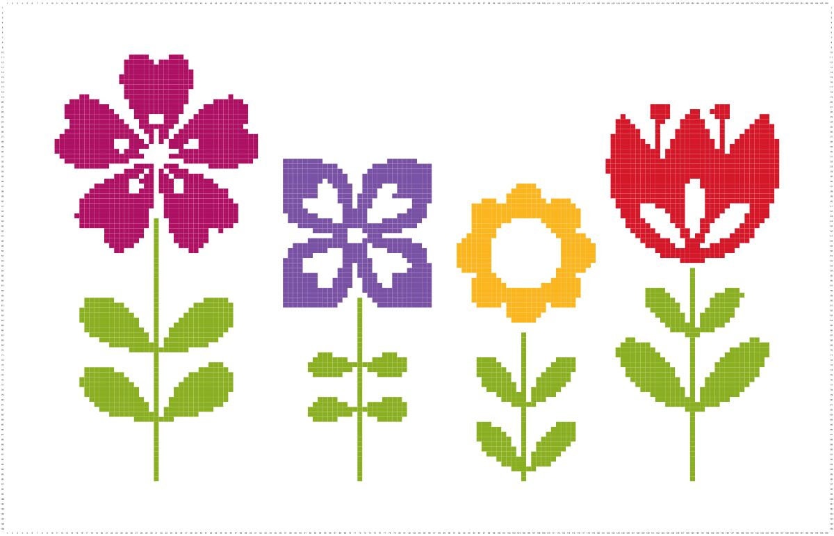 Four Colourful Flowers Counted Cross-stitch Pattern, Bright Colourful ...
