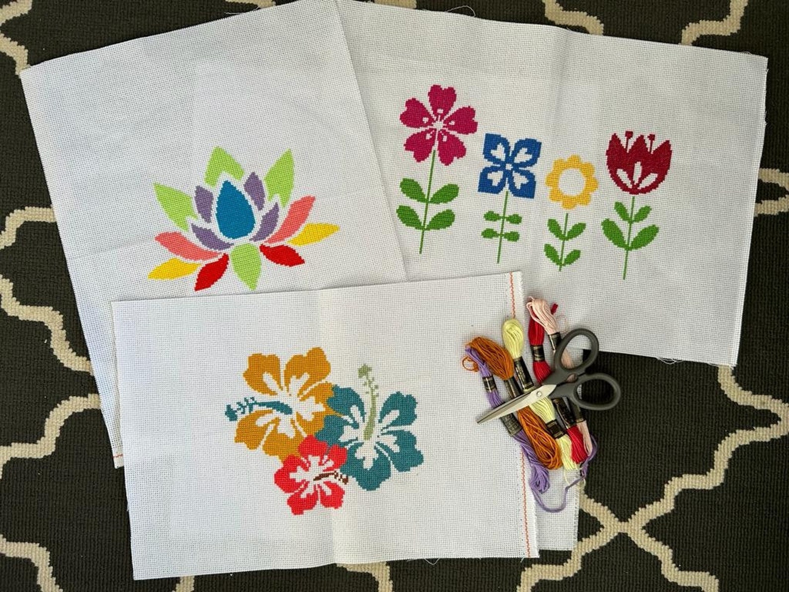 Four Colourful Flowers Counted Cross-stitch Pattern, Bright Colourful ...