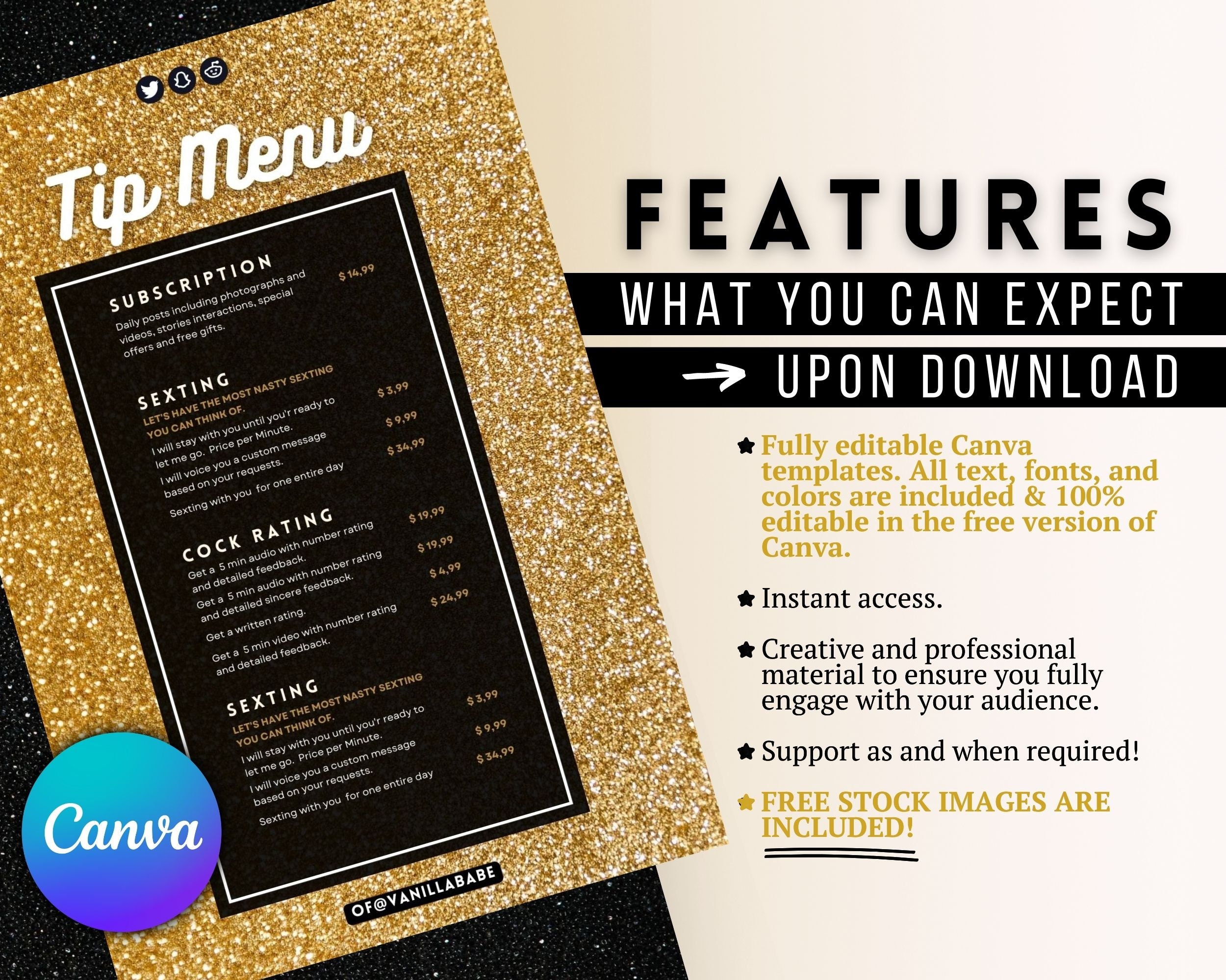 Onlyfans Editable Gold Tip Menu Template for Fansly, Niteflirt, Adult ...