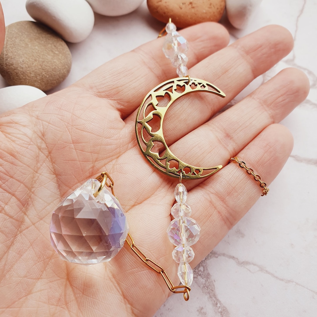 Moon Suncatcher Rainbow Gold Moon Crystal Suncatcher Window - Etsy