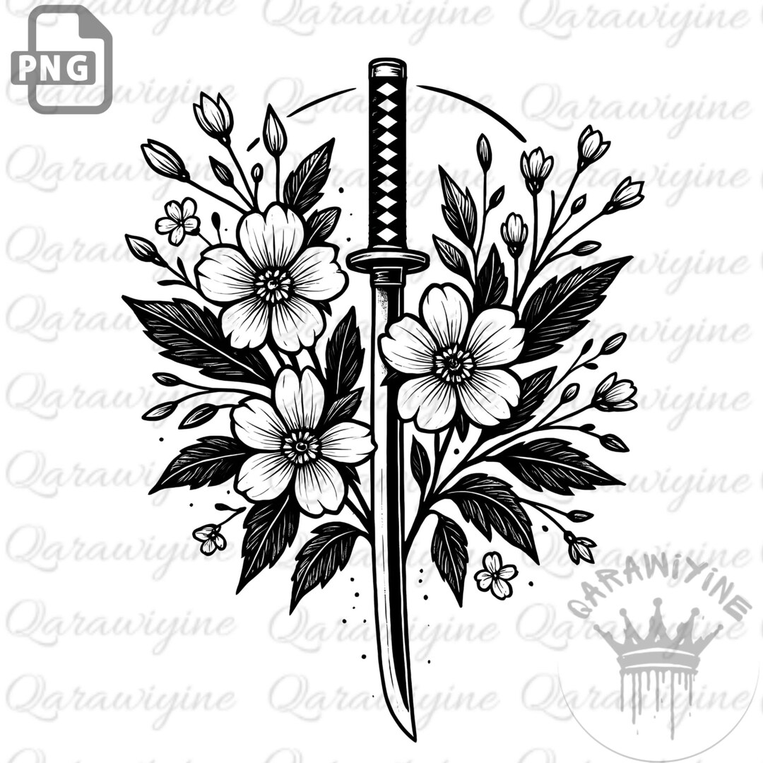 Katana Sword & Flower Tattoo Design: Samurai Digital Art (PNG Download ...