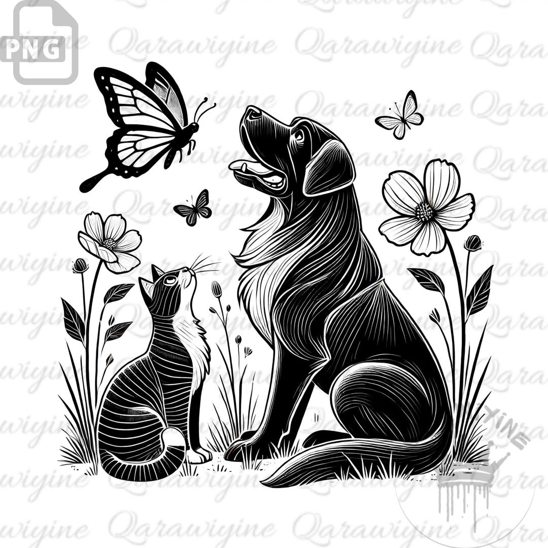 Floral Dog and Cat Clipart: Black and White Pet Vector (PNG Digital ...