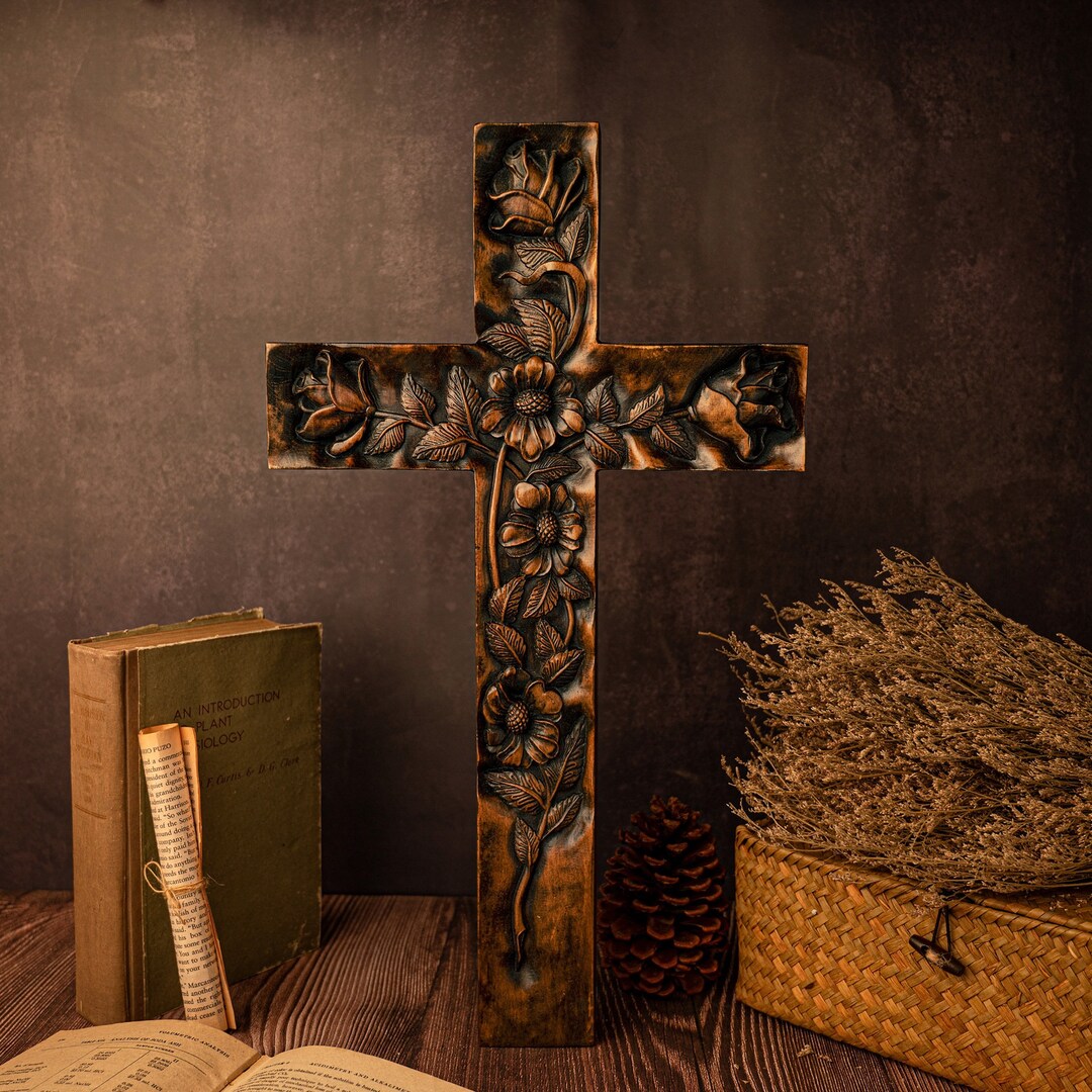 Solid Wood Rose Cross,religious Wood Carving Cross,wall Decoration ...