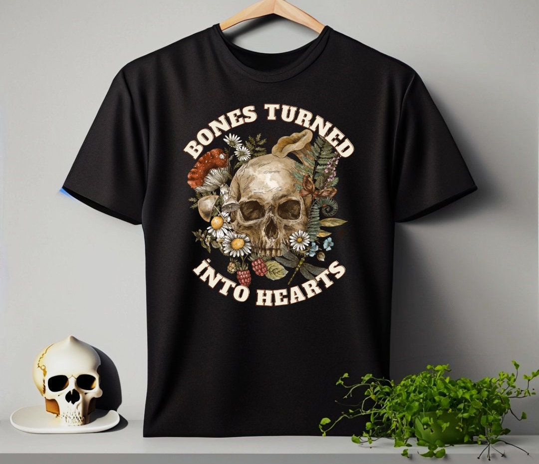 Skull T-shirt, Bones Turned Into Hearts Tee, Black T-shirt, Skull and ...