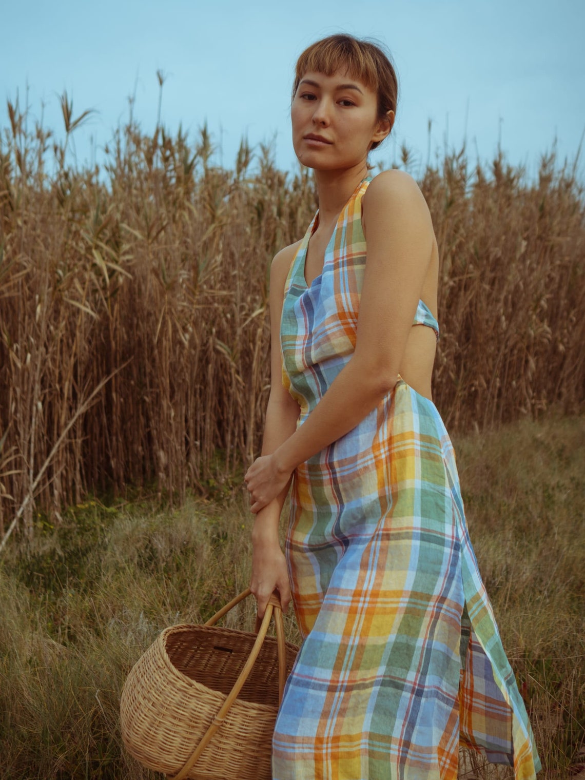 Backless Retro Bright Dress, Plaid Fabric Dress, Midi Length Sundress ...