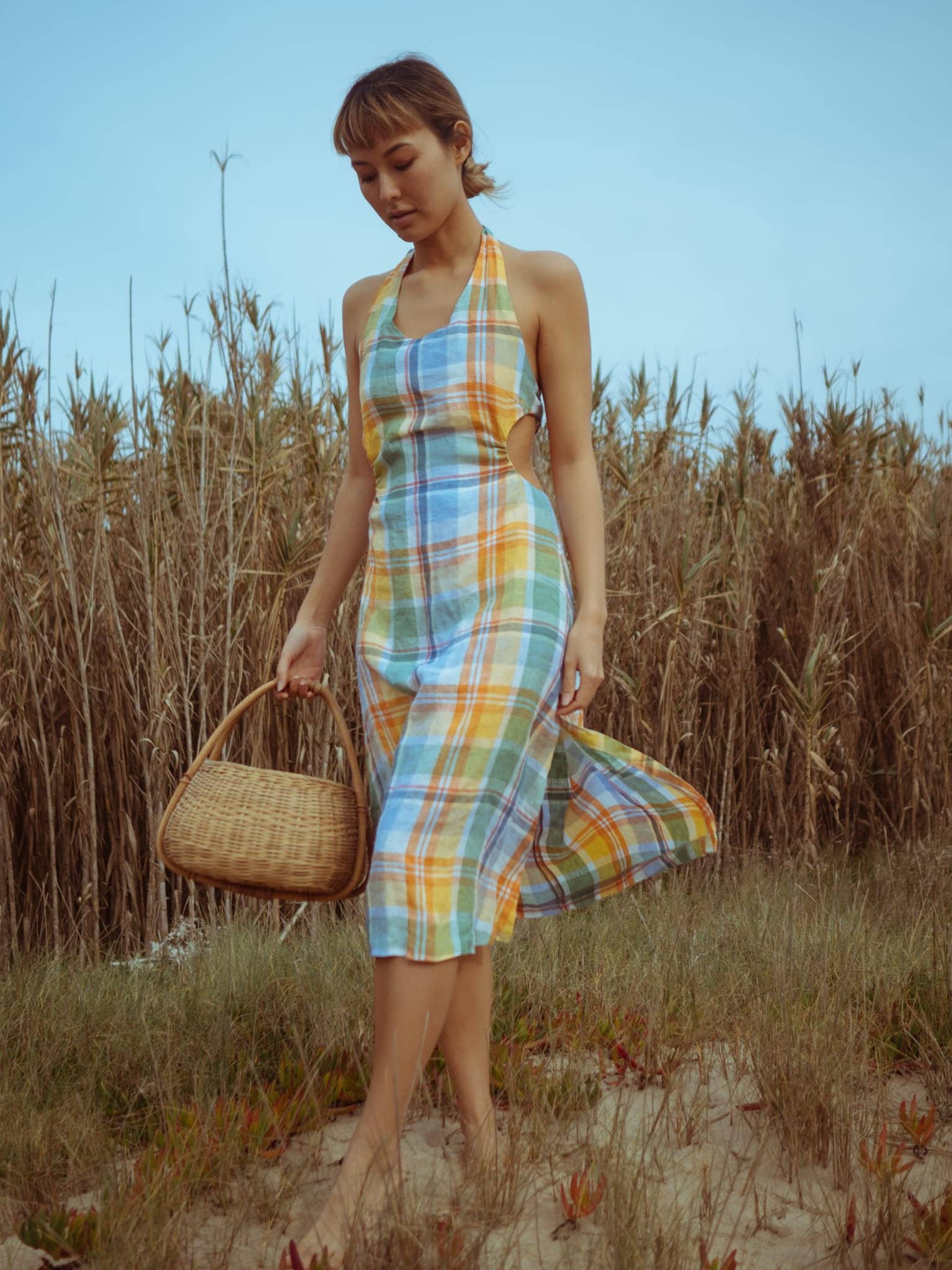 Backless Retro Bright Dress, Plaid Fabric Dress, Midi Length Sundress ...