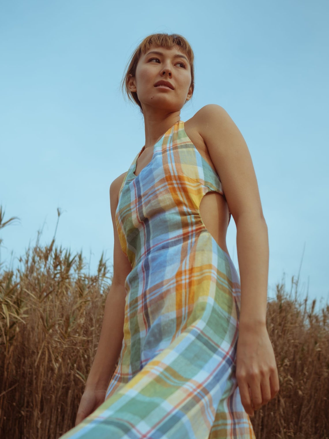 Backless Retro Bright Dress, Plaid Fabric Dress, Midi Length Sundress ...