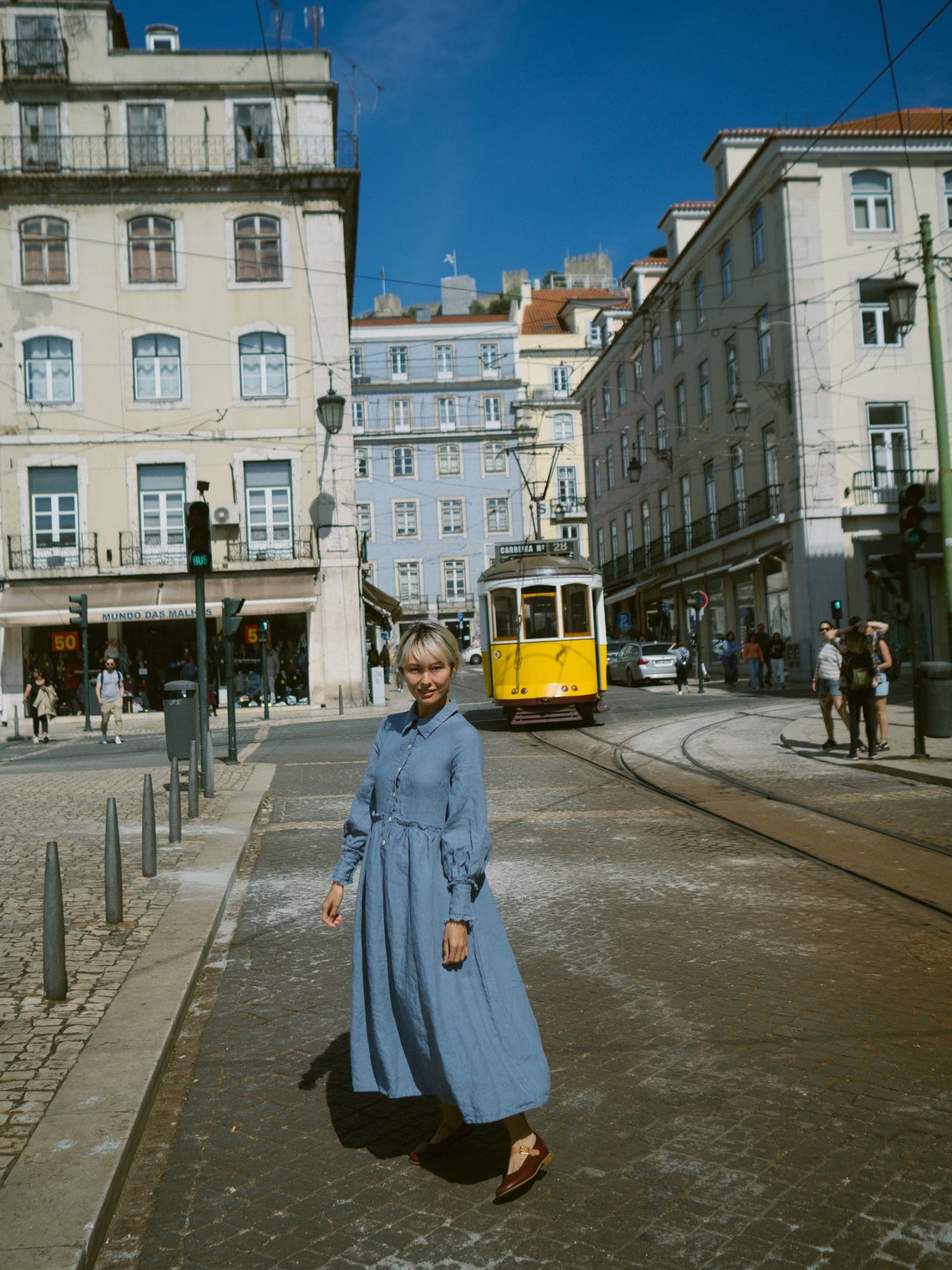 Women Linen Dress, Long Button up Front Dress, Full Skirt Dress With ...