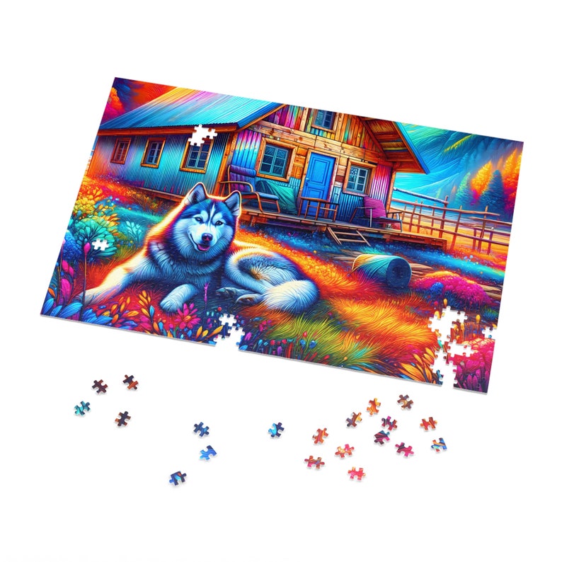 1000-piece Siberian Husky on or Off-grid Cabin Puzzle Vibrant Mountain ...