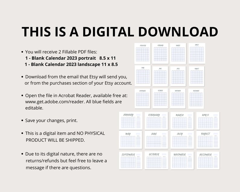 Blank Calendar Bundle Fillable Printable PDF Calendar - Etsy