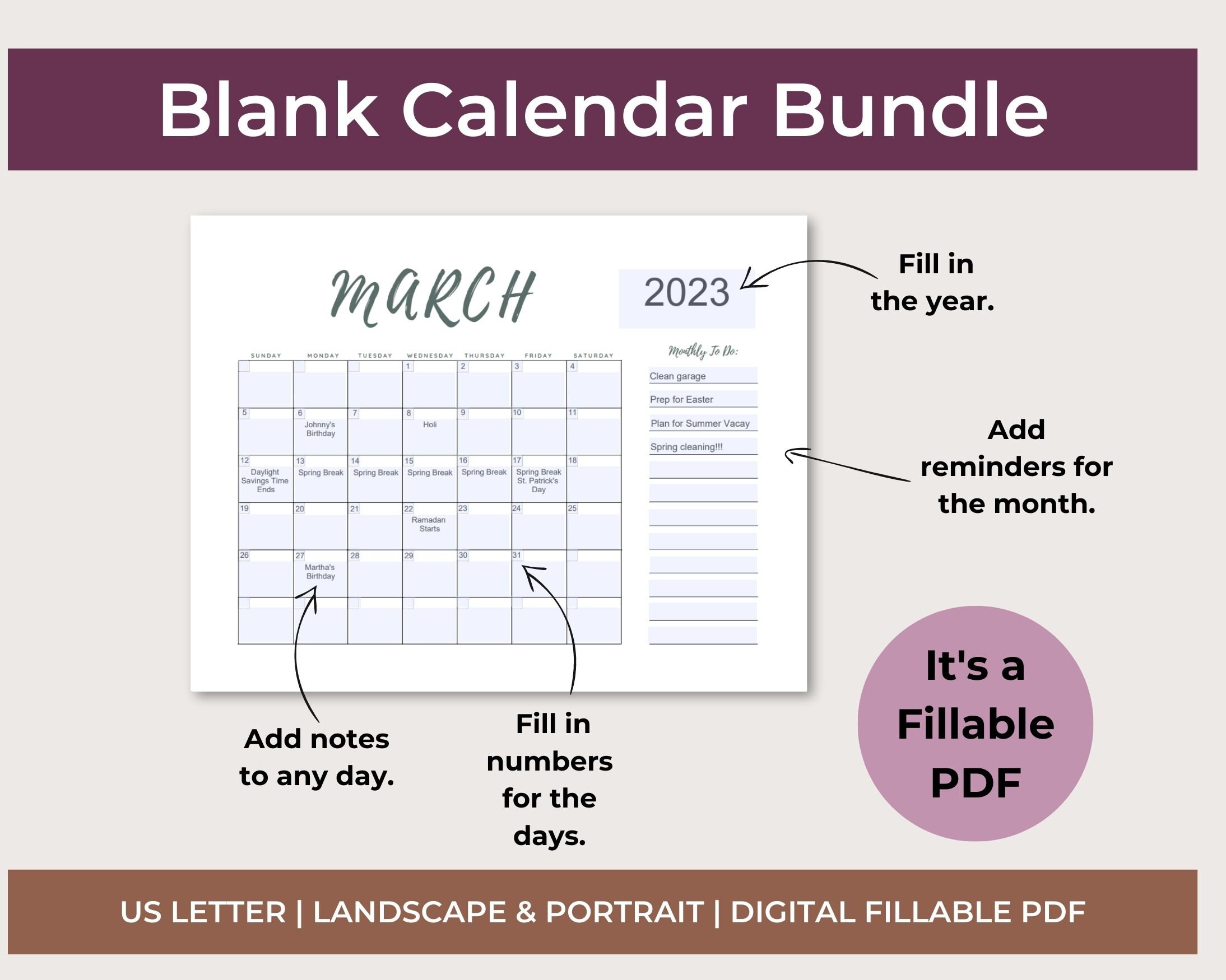 Blank Calendar Bundle Fillable Printable PDF Calendar - Etsy