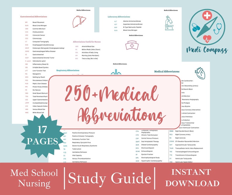 Medical Abbreviations Printable Study Guide Medical Terminology Digital ...
