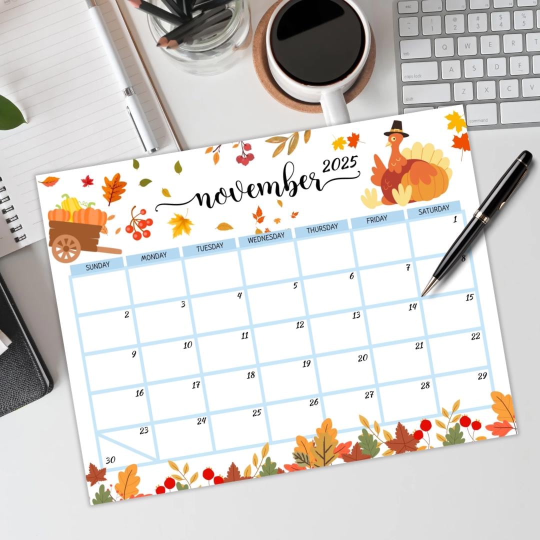 November 2025 Calendar Printable, Cute Fall Autumn Thanksgiving ...