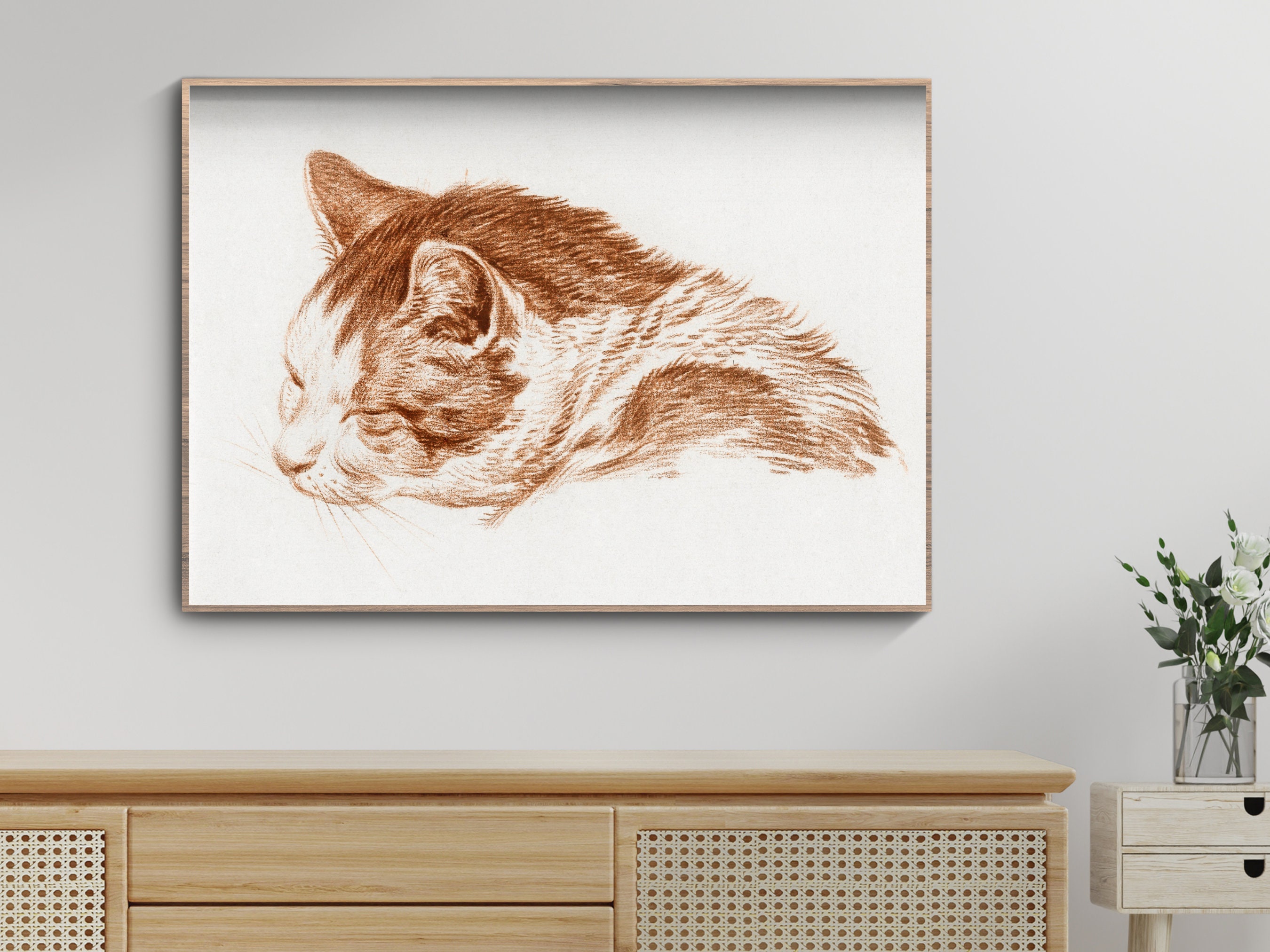 Vintage Cat Drawing, Printable Sleeping Cat Art, Digital Cat Sketch ...