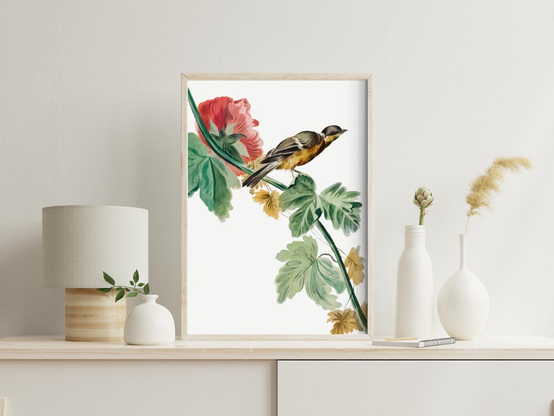 Vintage Botanical Bird Art Print Watercolor Bird & Flower Illustration ...
